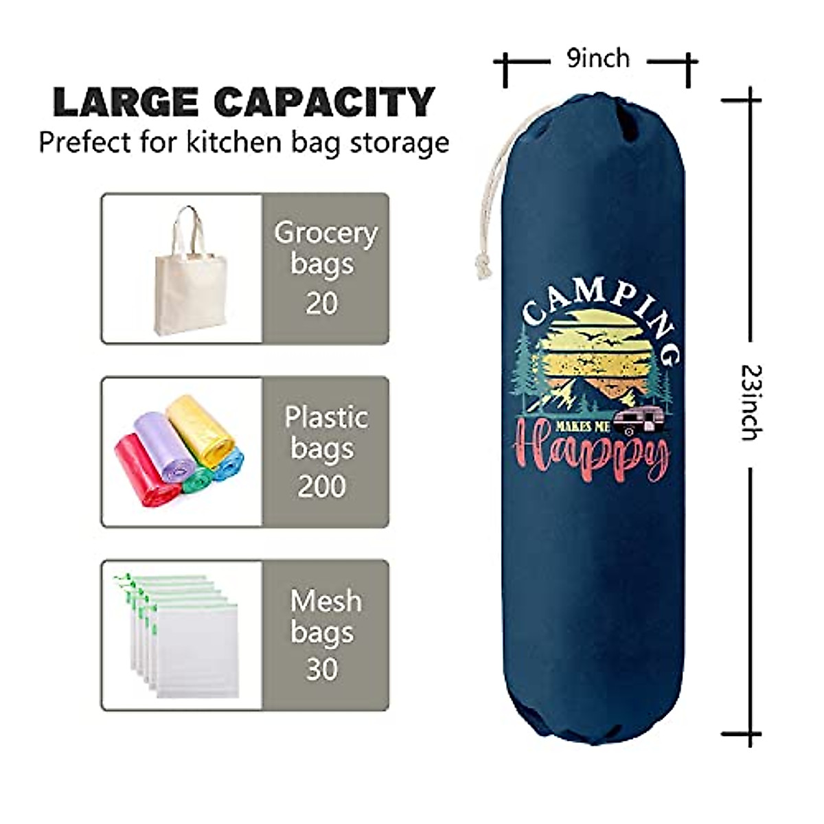 Camping Makes Me Happy， Grocery Bags Holder Organizer for Shopping Bags，Wall Mount Plastic Bags Storage Container Dispensers, Gift for Women Mother Grandmother Friend
