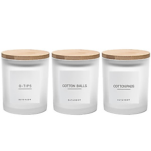 Ezebesta 3PCS Modern 13.53oz Transparent Bathroom Canisters with 12 Labels & Wooden Lid Thick Glass Jar Set Qtip Holder for Cotton Ball & Pads Storage Organization Minimalist Decor
