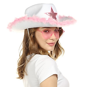 Funcredible White Cowboy Hat and Glasses - Fluffy Cowgirl Hat with Star for Girls - Cowboy Hat with Feathers - Cowgirl Accessories - Halloween Accessories for Women