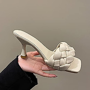 Women’s Square Open Toe Stiletto Heels Braided Sandals Slip On High Heel Quilted Leather Sandals Fashion Sexy Casual Slides shoes(Beige,39)
