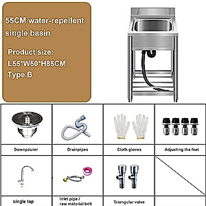 Single Bowl Stainless Steel Standing Sink, Kitchen Sink, Commercial Sink, Small Utility Sink, Portable Hand Washing Sink for Kitchen, Dining Room, Garage Bar, Laundry Room (Color : Type A, Size : 55