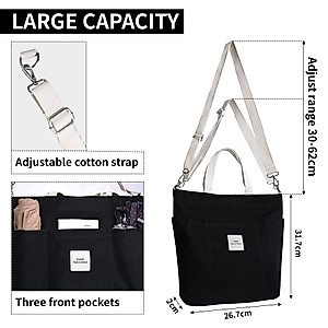 Iswee Canvas Tote Bag with Zipper Multi Pockets Tote Purse for Women Fashion Crossbody Tote Shoulder Bag Handbag Everyday Bag(IUU009-Black)