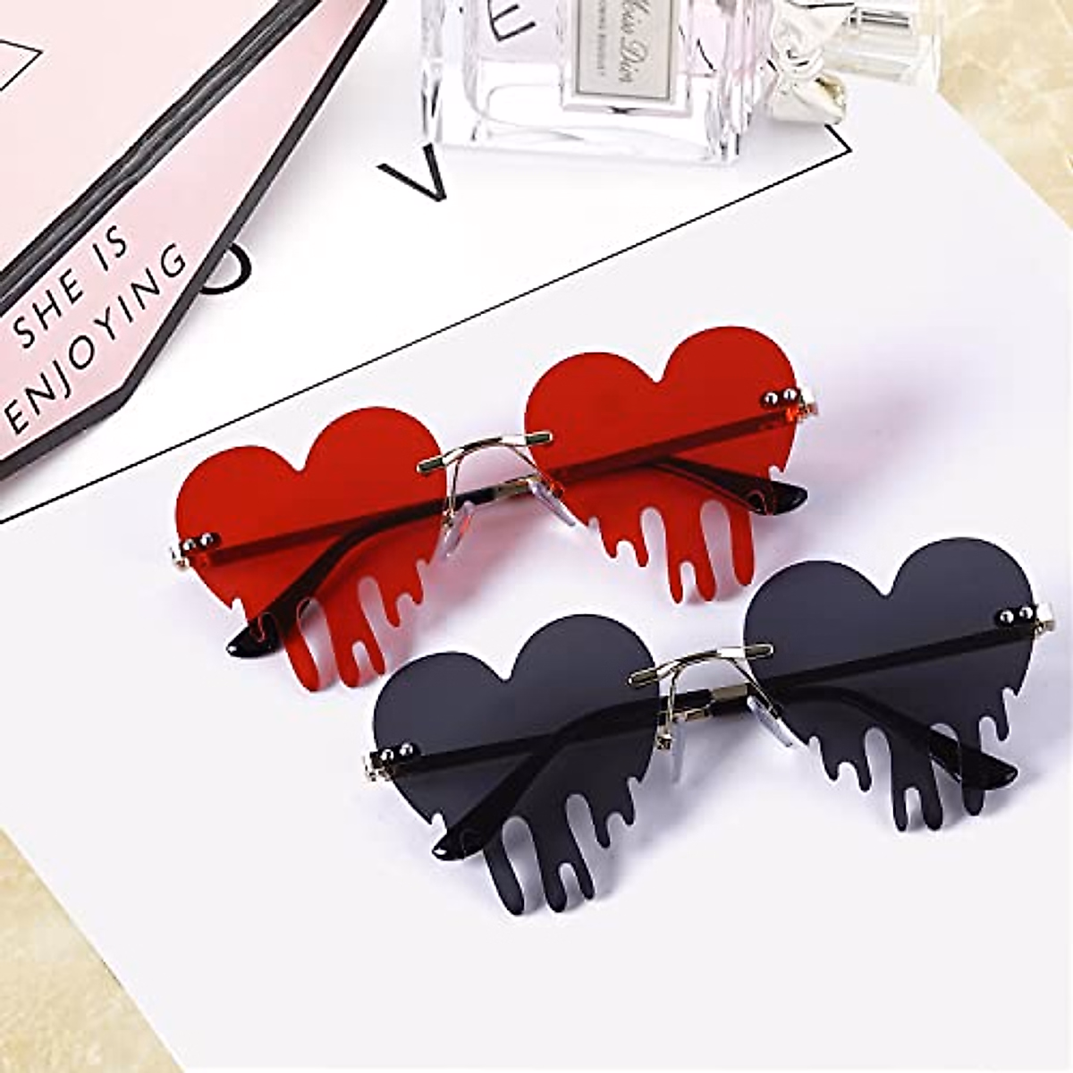 2 Pairs Drippy Heart Shaped Sunglasses Rave Festival Glasses Melting Heart Drip Sunglasses for Women and Men