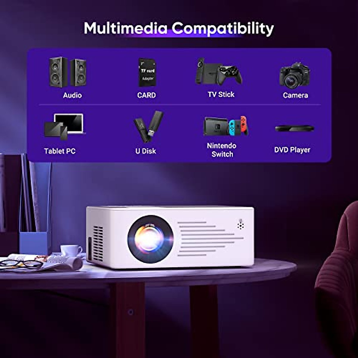 TMY Mini Projector for iPhone, Portable Projector with 5G WiFi and Bluetooth, 1080P HD Projector【with Tripod】, Movie Projector for iOS/Android/PC/TV Stick/HDMI/AV/USB, Indoor & Outdoor use