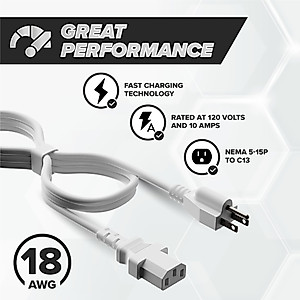 THE CIMPLE CO 6 Feet, White - 3 Prong AC Power Cable for Computer, Medical, Server, & Desktop - C13 Power Supply Cord - NEMA 5-15P to C13 / IEC 320 - (1.8 Meter)