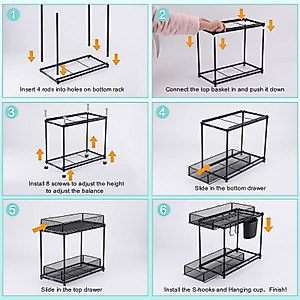 UHIAGREE Under Sink Organizers and Storage, 2 Tier Under the Sink Organizer with Pull out Sliding Drawers, Under Kitchen Sink Organizers and Storage with Hooks Hanging Cup for Kitchen Bathroom