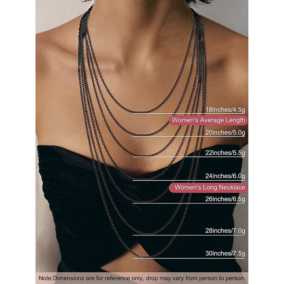 FOCALOOK Black Necklace Chain for Women 2mm 18 Inch Stainless Steel Rolo Cable Chain