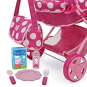 Peppa Pig: Baby Classic Doll Pram Set - Pink & White Dots - 7 Piece Set, Fits Dolls Up to 18", Retractable Canopy, Storage Basket, Diaper Bag & 5 Feeding Accessories, Pretend Play for Kids Ages 3+