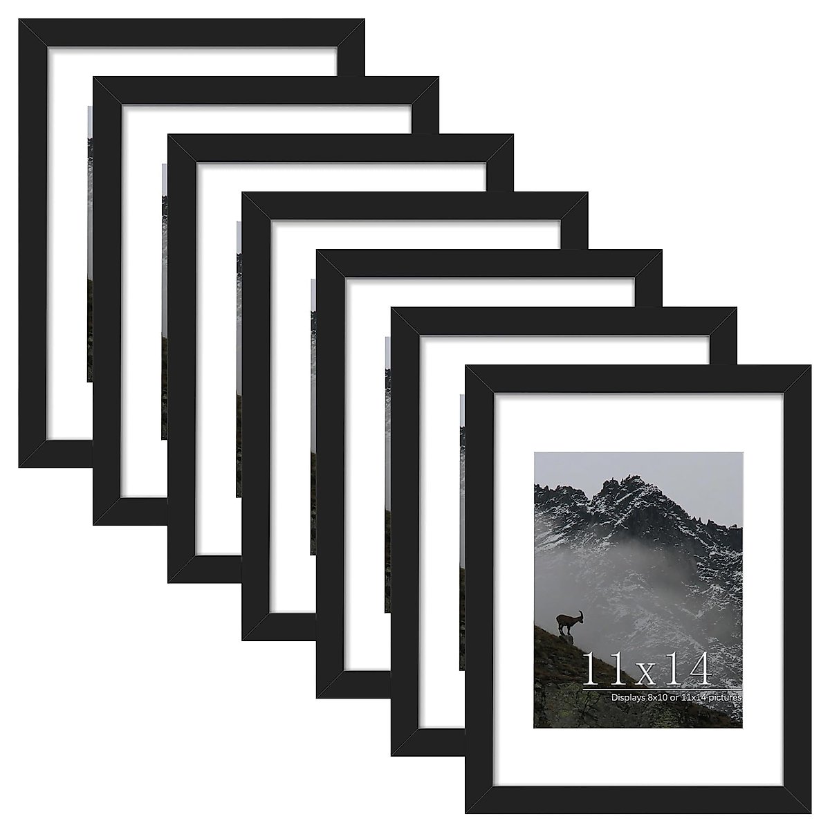 Picrit 11x14 Picture Frame Set of 7, Display 8 x 10 with Mat or 11 x 14 Without Mat, Photo Frames for Wall Mounting or Table Top Display, Black.