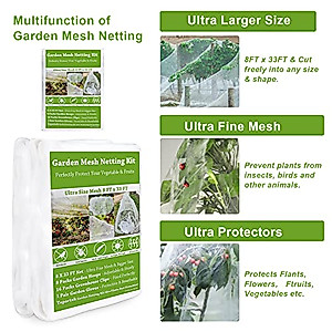 75 Pieces Garden Mesh Netting Kit, 8 x 33 Ft Plant Cover Ultra Mesh Netting & 8 Pcs Garden Hoops & 16 Pcs Clips for Vegetable Plants Fruits Flowers Crop Greenhouse Cover Birds Animals Protection Net