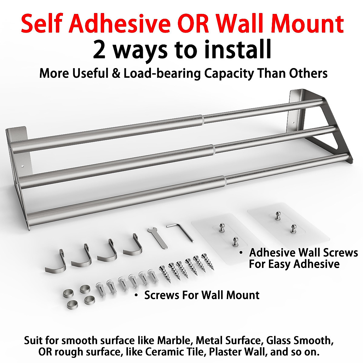 13.5-24 Inch Adjustable Towel Rack with Adhesive Wall Screws for Bathroom, Wall Mount Towel Bar Holder, Bath Towel Shelf Hanger with Movable Hooks, 3-Tiers Ladder Towel Rails, SUS 304 Stainless Steel