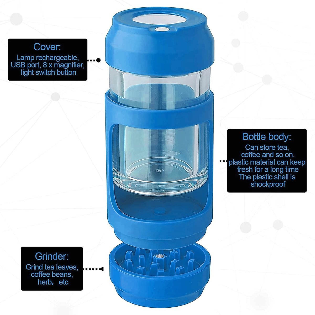 METSHOW Light-Up LED Transparent Seal Storage Jar，Magnifying Viewing Glass Airtight Jar with Grinder ，8 x Magnification Glass (Blue)