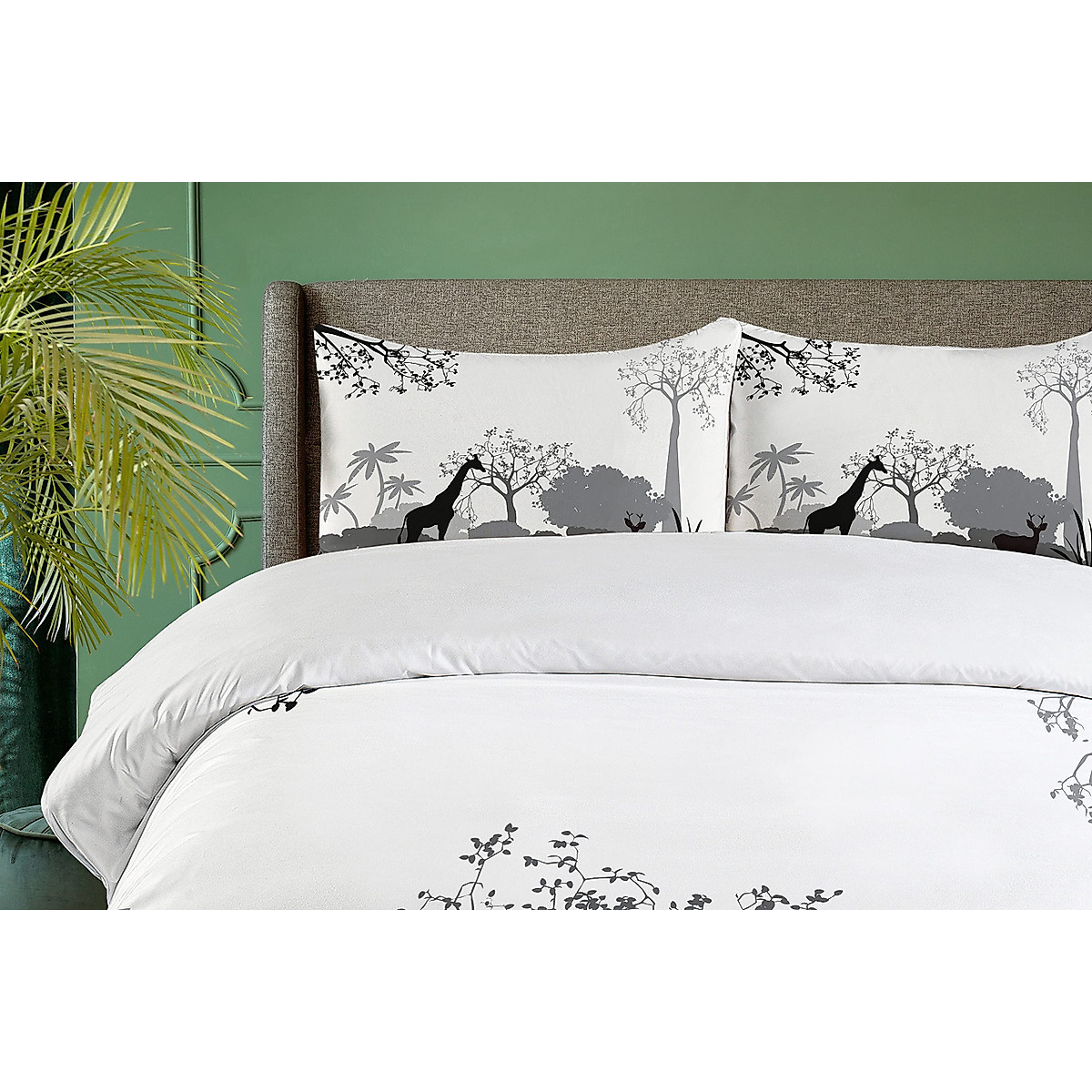 Ambesonne Savannah Duvet Cover Set, Grayscale Silhouette of Savannah Giraffe Deer and Trees Wild Region Theme Africa, Decorative 3 Piece Bedding Set with 2 Pillow Shams, Queen Size, White Grey