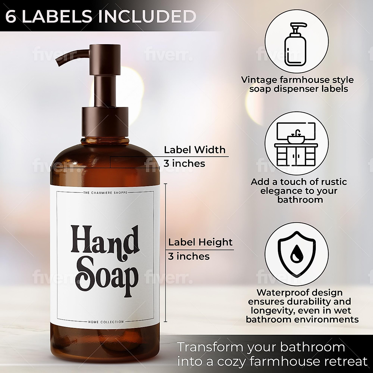 Chaumiere Vintage Farmhouse Hand Soap Labels for Bottles, Waterproof Stickers, 6X Hand soap Labels for Amber Glass & Plastic Bottles - Hand soap Pack (3 Designs) 6 Pieces 3x3inch
