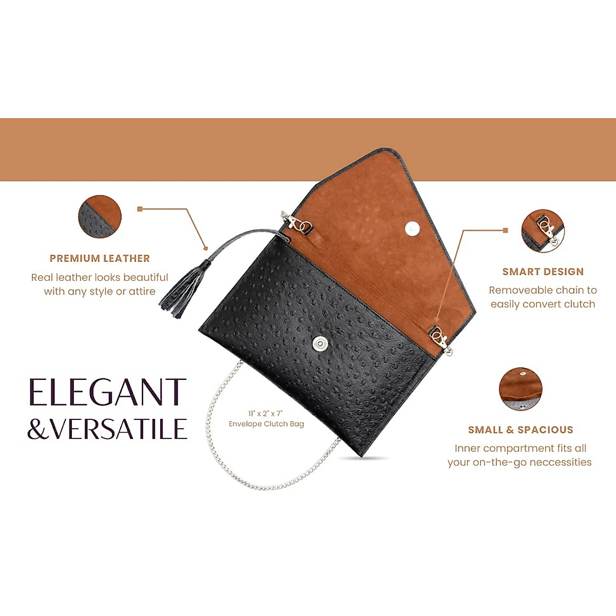 PREMIER ARTISANS - Black Textured Leather Evening Clutch - Handmade Clutch Purses For Women - Small Foldover Clutch Purse With Shoulder Strap - Formal Events Going Out - 11 x 2 x 7 Inches