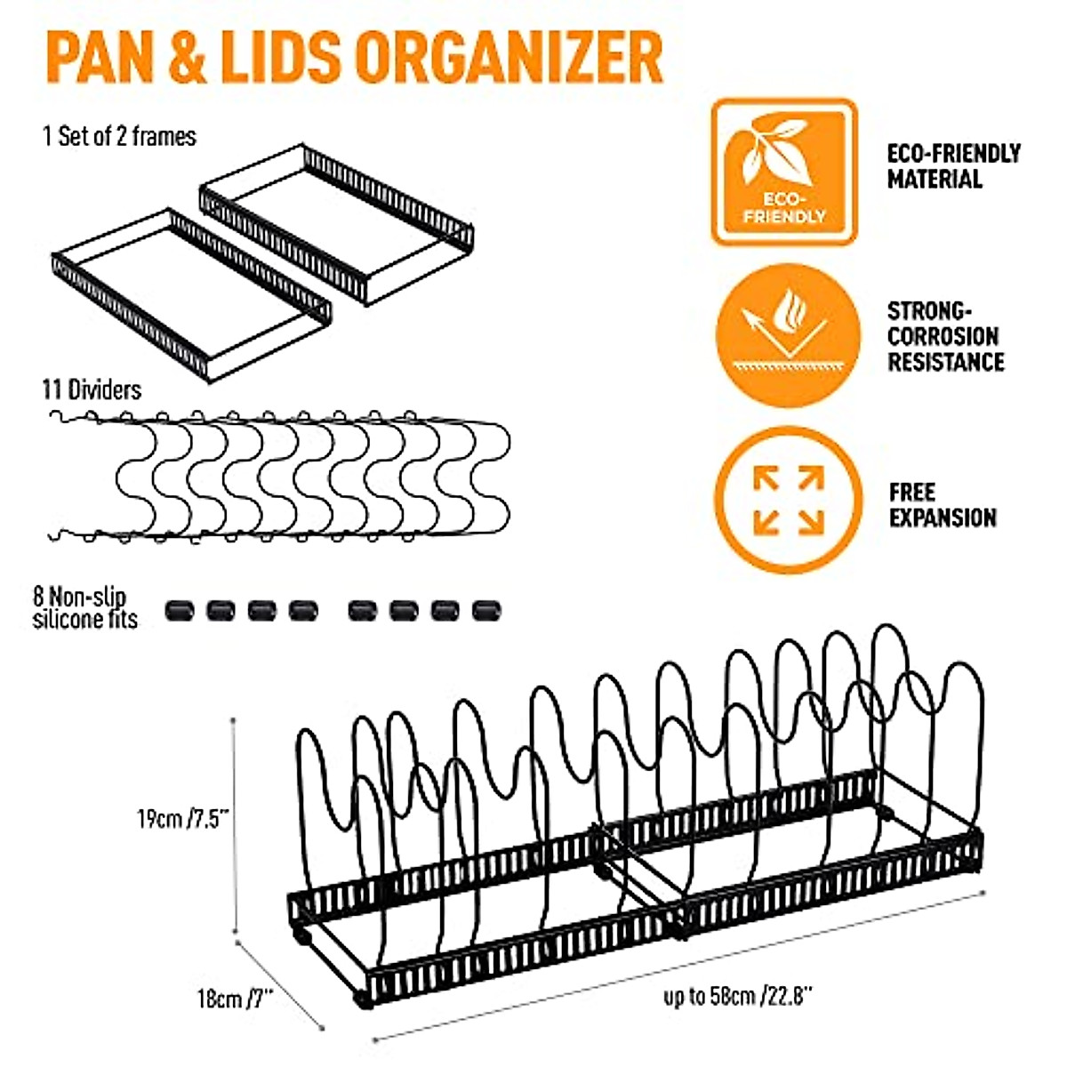 Mallnos Expandable Pot and Pan Organizers Rack, Kitchen Cabinet Pantry Bakeware & Cookware Organizer, Countertops and Cabinets with 10 Compartments