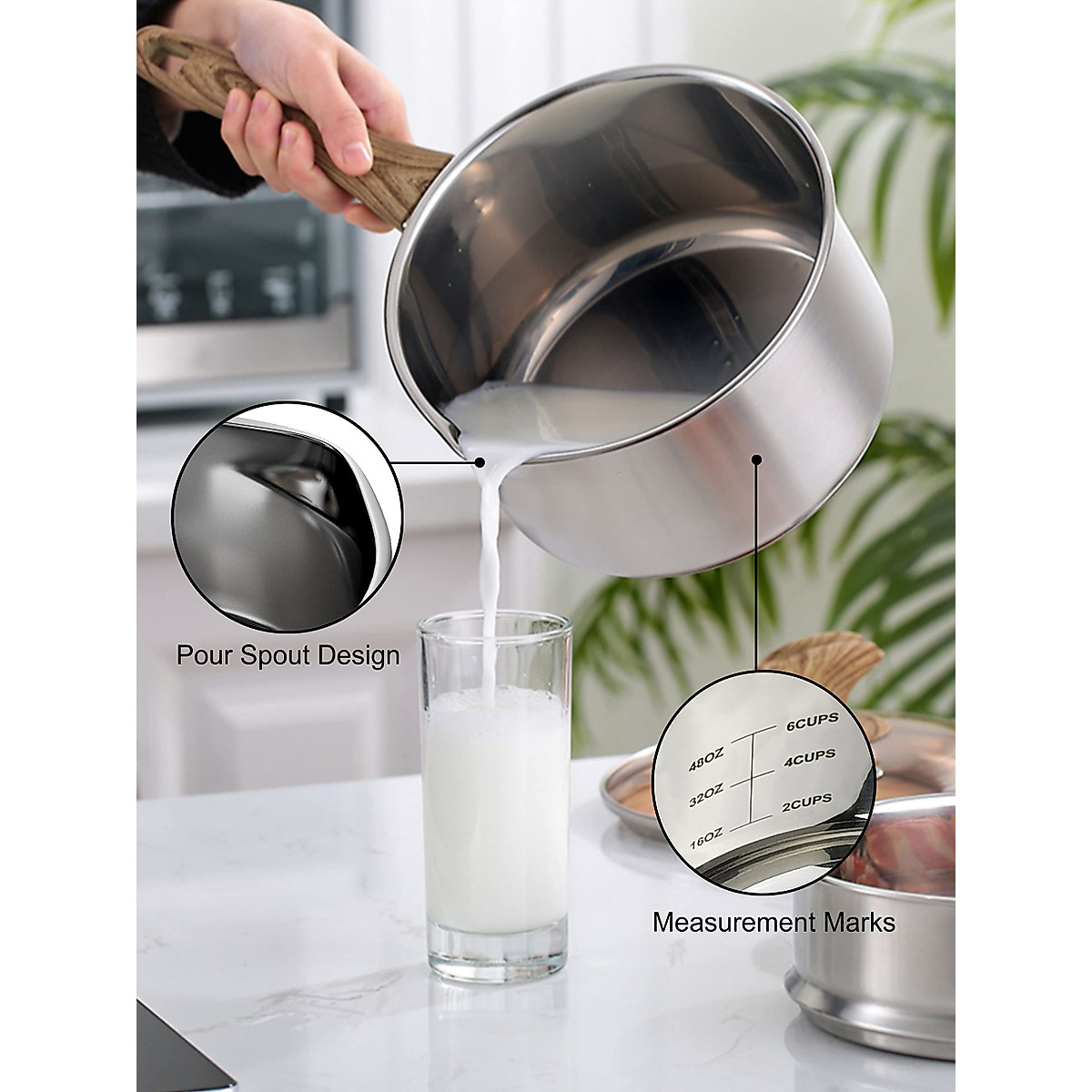 VENTION 2 Quart Stainless Steel Saucepan with Lid, Sauce Pan with Pour Spout, Small Pots for Cooking, Left Hand