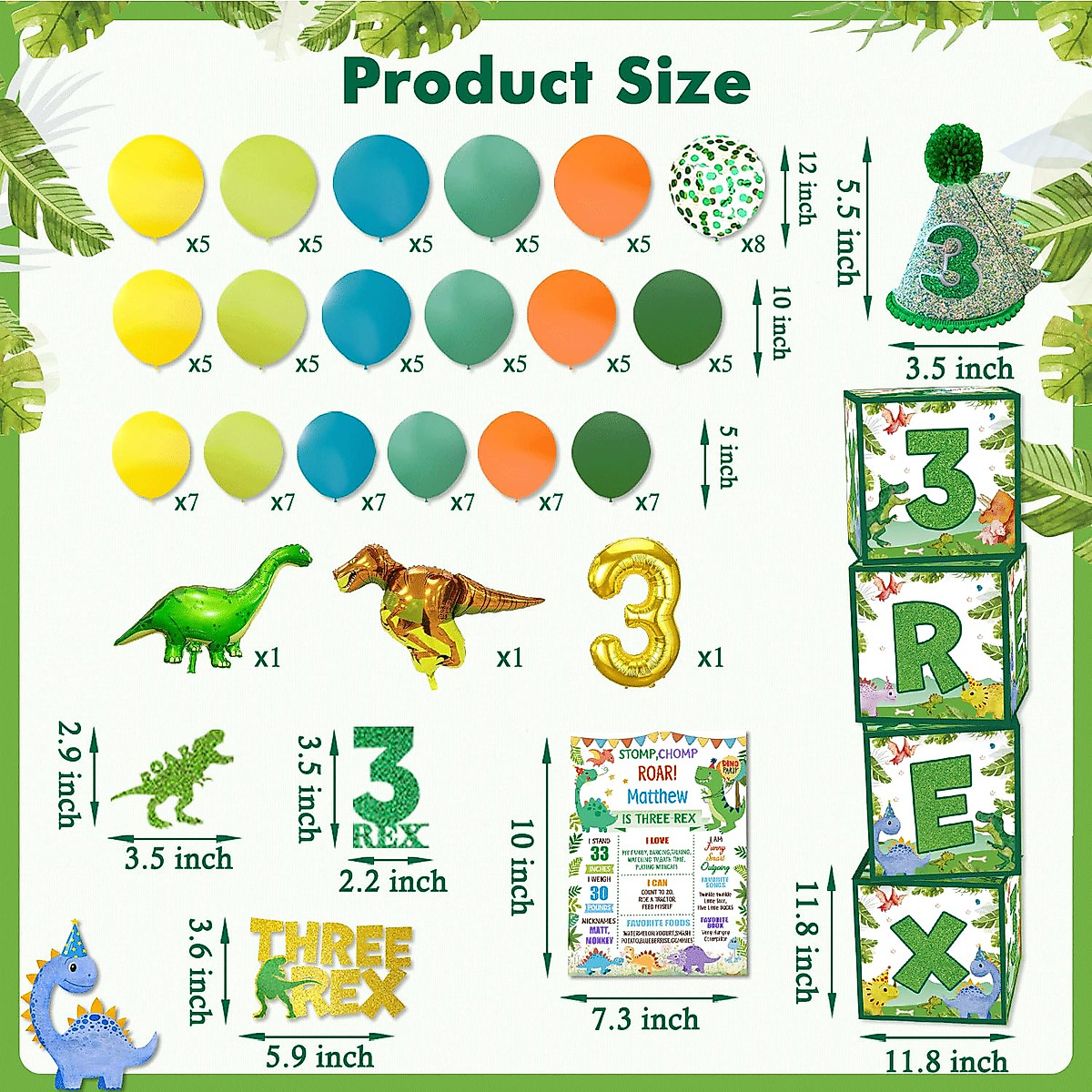 cocomigo 147pcs Three Rex Birthday Decorations Boy, Dinosaur Birthday Decorations 3 Year Old Boy Include Three Rex Balloons Banner Backdrop Etc, for 3 Rex Birthday Decorations Boys and Grils