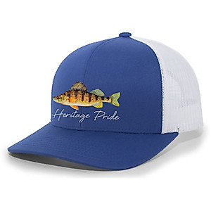 Heritage Pride Freshwater Fish Collection Perch Fishing Mens Embroidered Mesh Back Trucker Hat Baseball Cap, Royal/White