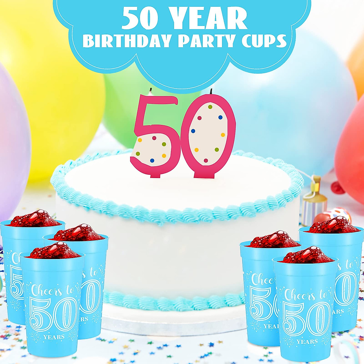 Roshtia 40 Pcs Summer 50th Birthday Cups Cheers to 50 Years Plastic Stadium Cups 16 oz Blue White Party Cups for Birthday Decorations Party Favors Supplies Wedding Anniversary