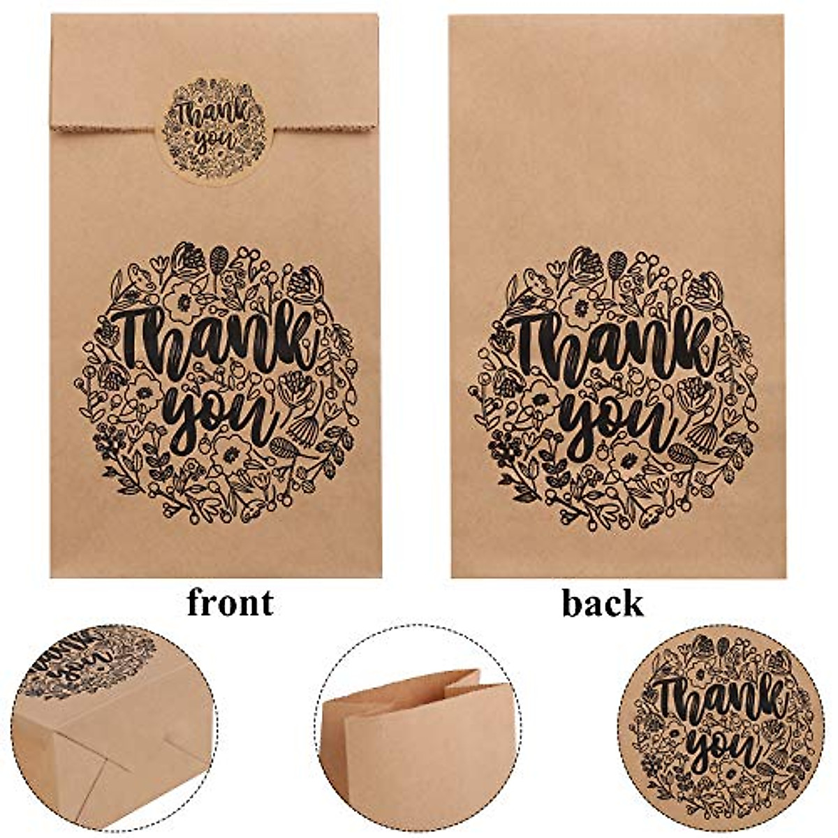 Cooraby 30 Pieces Mini Thank You Party Bags 3.5x2.4x7.1 Inches Thanksgiving Brown Gift Paper Bags Lunch Flat Bottom Kraft Paper Bags with 45 Pieces Thankyou Stickers