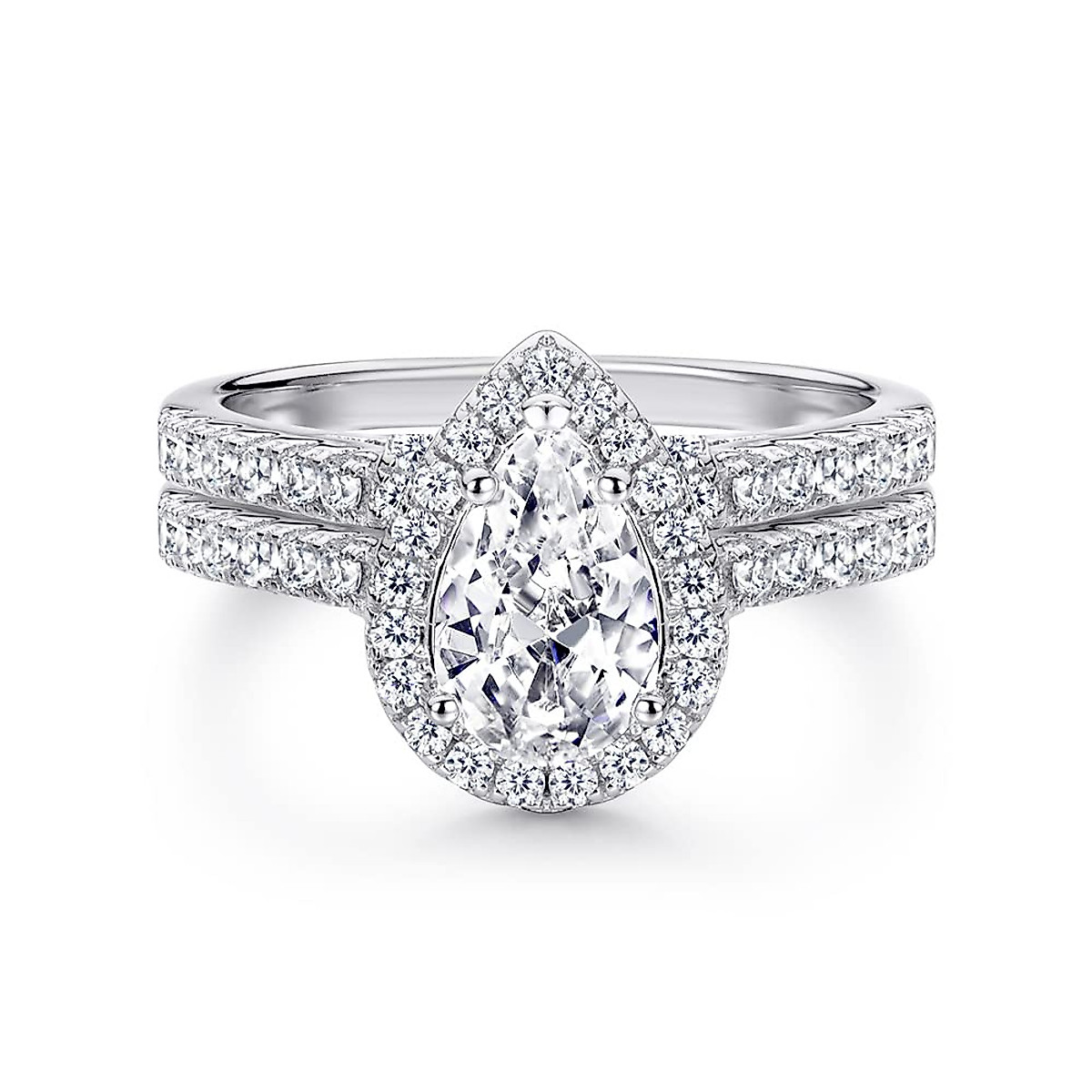 Blocaci Pear Shaped Bridal Ring Set for Women Engagement Ring Sets, 1 Carat Center Moissanite Bridal Sets Wedding Rings 925 Sterling Silver 10K 14K 18K Gold with Text Engraving (10K Gold)