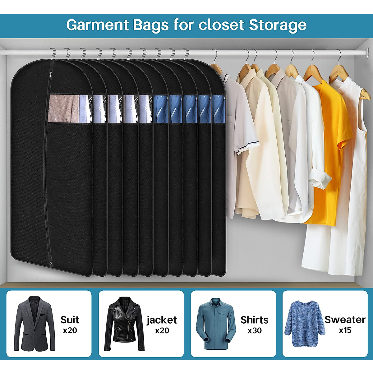 KIMBORA 43" Garment Bags for Hanging Clothes(10 Packs) & 54" Suit Bags for Closet Storage(3 Packs)