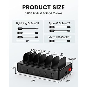 CREATIVE DESIGN Charging Station, 50W 6 Ports Multi Charger Station with 6 Charging Cables, Charging Dock for Multiple Devices, Compatible with Cellphone iPad Kindle Tablet and Other Electronic