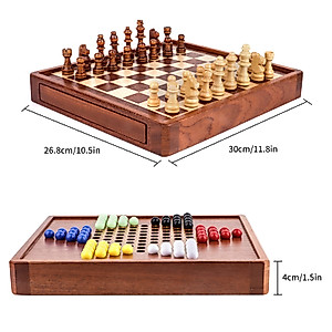 Chinese Checkers, Wooden Chess and Chinese Checkers Game Set, OOCOME Magnetic Chess Set, 2 in 1 Chess & Checkers Board Games with with Storage Drawer -Walnut Box