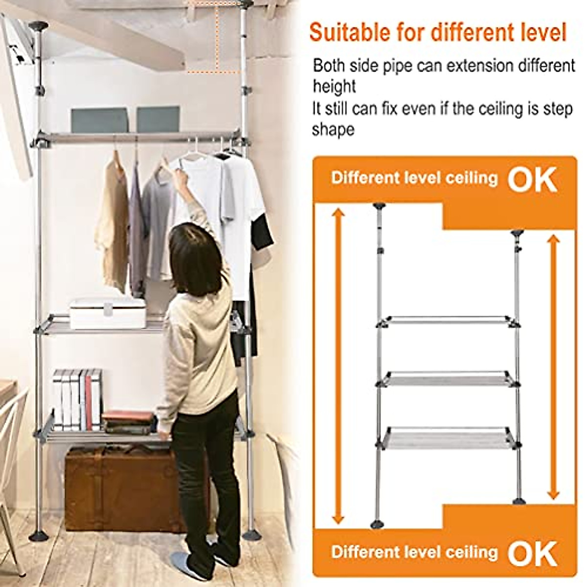 BAOYOUNI 3 Tiers Laundry Room Shelf Clothes Garment Rack Organizer Over Toilet Washer Dryer Storage Shelving Stand Double Tension Pole Extendable Bathroom Space Saver, Large Shelves - Grey