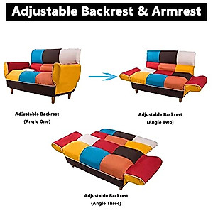 Convertible Futon Sofa Bed with 2 Pillows, Loveseat Sleeper Sofa Futon Couch, Recliner Couch with Adjustable Armrest and Wood Legs, Living Room Sofa with 3-Angle Backrest for Small Space (Colorful)