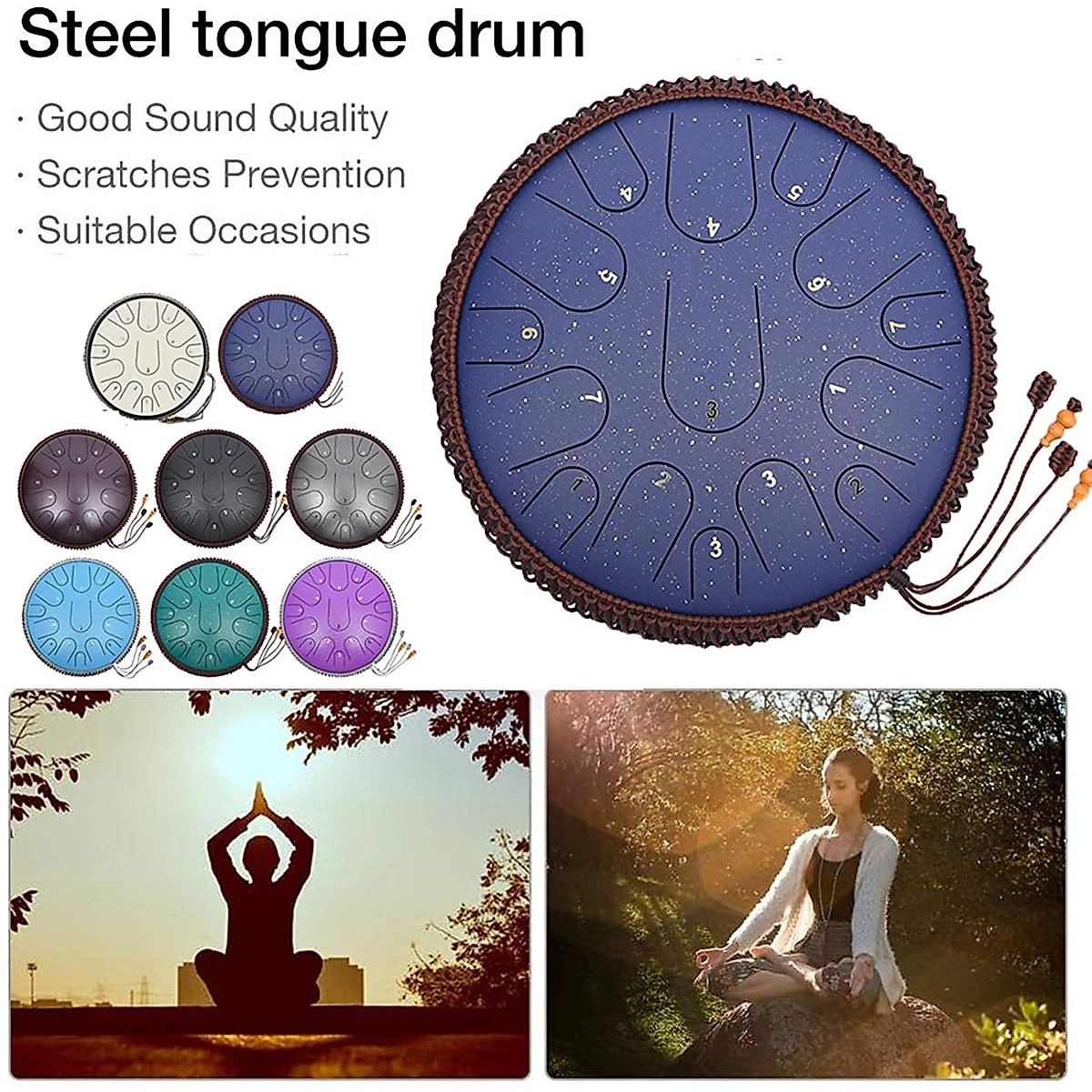 Steel Tongue Drum 15 Note 14 Inch Harmonic Tank Drum Handpan Drum Meditation Yoga Zen with Mallets Travel Bag for Beginner Music Lovers Gift (Color : Black)