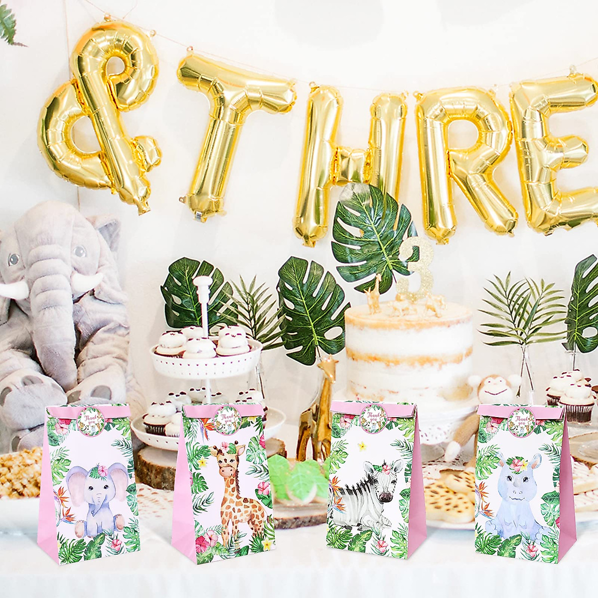 Safari Goodie Bags Jungle Party Favors Bags Pink Floral Wild Animals Treat Candy Gift Paper Bags with Thank You Stickers for Birthday Party Supplies Decorations Set of 24