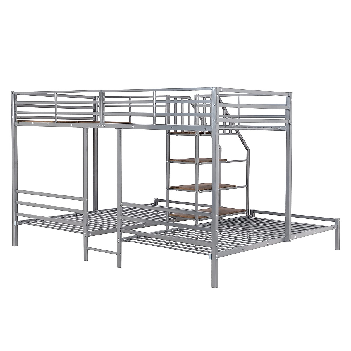 Harper & Bright Designs Triple Bunk Beds with Stairs, Metal Twin Over Twin & Twin Bunk Beds with Storage Shelves,3 Bed Bunk Beds for Kids, Girls, Boys,Teens,Silver