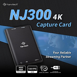 Narvitech NJ300, External Capture Card. 4K60 Passthrough, Stream and Record in 1080P60 with ultra-low latency on PS5, PS4, Xbox Series X/S, in OBS and more, on PC and Mac. Supports Party Chat capture.