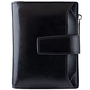 Bveyzi Women's Small Leather RFID Blocking Bifold Zipper Pocket Wallet Ladies Credit Card Slots Purse with id Window(Black)