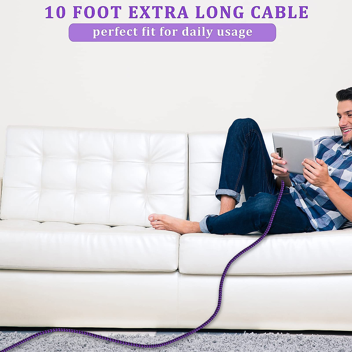 iPhone Charger 10ft,3-Pack 10 Foot Extra Long Lightning Cable, MFi-Certified Charging & Syncing Cords Compatible with iPhone 14/13/12/11/XS/XR/X/8/8Plus/7/7Plus/6/6S Plus/SE/5/iPad(Purple, 10FT)