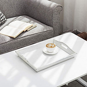 MyGift 16-Inch Vintage White Wood Large Serving Tray with Handles, Rectangular Ottoman Breakfast Tray