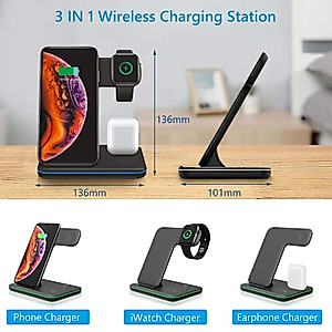 Wireless Charging Station, 3 in 1 Fast Wireless Charger Stand with Adapter for AirPods/iWatch Series 5/4/3/2/1, QI Wireless Charger Compatible with iPhone 14/13/12/11/ Pro/Max/XS Max/XS XR