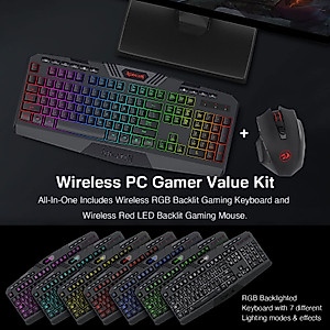 Redragon S101 Wireless Gaming Keyboard and Mouse Combo, RGB LED Backlit Keyboard, and Red Illuminated Mouse for Windows PC Gamer