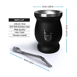 Complete Yerba Mate Kit - Includes Mate Cup, Straw (Bombilla), 750ml Thermos, Bag and two gifts (Container Yerbero and Car Immersion Heater) - Stainless Steel Yerba Mate Set (Black)