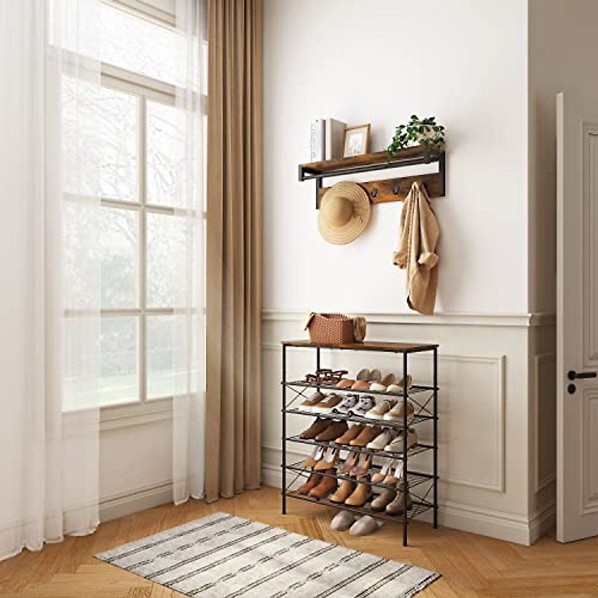 Tajsoon 6-Tier Shoe Rack Organizer, Industrial Shoe Rack for Closet Entryway, Metal Mesh Shoe Storage Shelf with X Shape Fixed Frame, Rustic Brown and Black