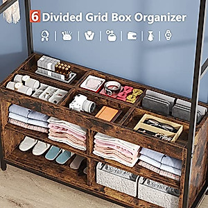 Tribesigns Freestanding Closet Organizer, Wooden Garment Rack for Hanging Clothes, Heavy Duty Wardrobe Rack with Storage, Industrial Clothing Racks with 6-Grid Organizer Box,Rustic Brown