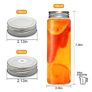 14 OZ Glass Juicing Bottles with Airtight Lids, Reusable Drinking Jars with Straw & Lids with Hole, Glass Water Bottles for Juice, Beverage, Smoothie, Tea, Kombucha, Homemade Drinks (10 Pack)
