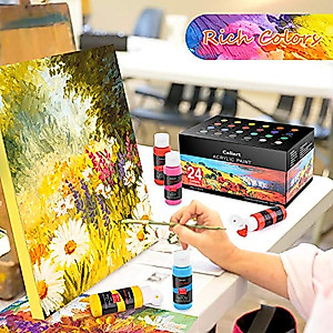 Caliart Acrylic Paint Set With 12 Brushes, 24 Colors (59ml, 2oz) Art Craft Paints Gifts for Artists Kids Beginners & Painters, Easter Basket Stuffers Pumpkin Canvas Ceramic Rock Painting Supplies Kit