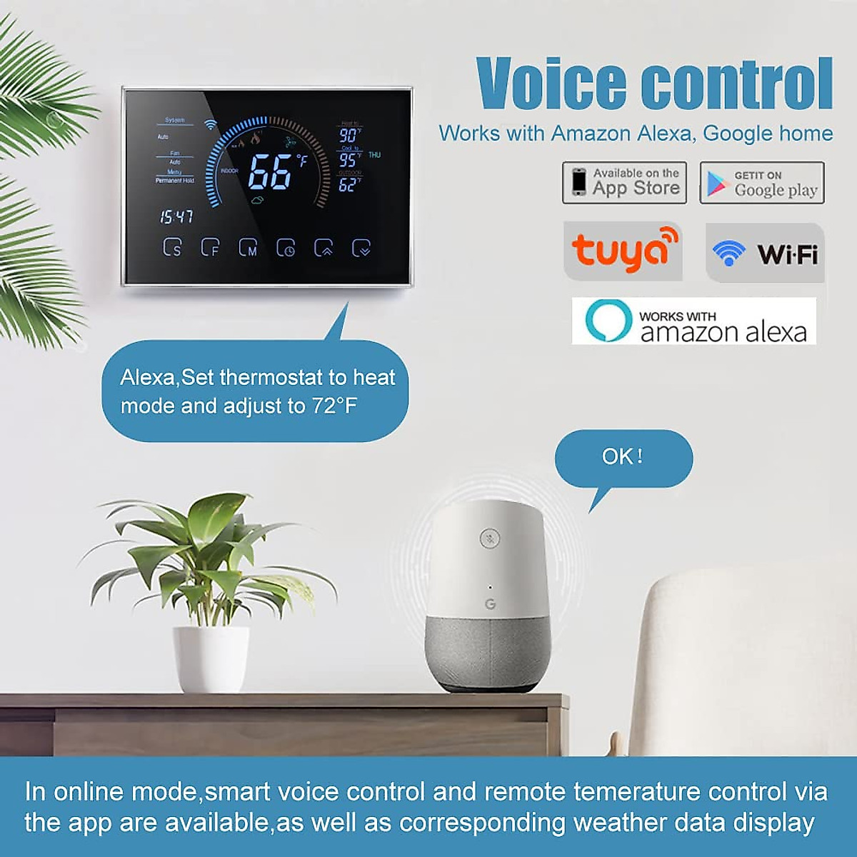 Programmable Smart Thermostat Compatible with Alexa Google Home,WiFi Thermostat no c Wire Needed(with C Wire Adapter) Thermostats for Home Heat and ac,24v (Black)