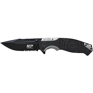 Smith & Wesson M&P SWMP13GS 8.2in High Carbon S.S. Folding Knife with 3.5in Serrated Clip Point Blade and Aluminum Handle for Outdoor, Tactical, Survival and EDC,Black