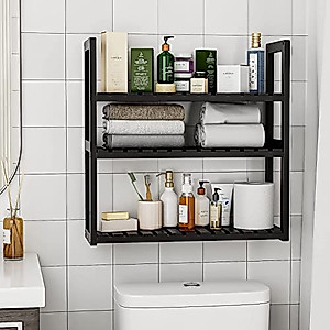 Galood Bathroom Organizer Shelves Black Adjustable 3 Tiers Floating Shelf Over The Toilet Storage with Hanging Rod
