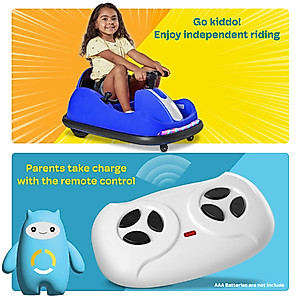Kidzone 12V 2 Driving Mode (Steering Wheel/Joystick) Ride On Bumper Car for Kids & Toddlers 1.5-6 Year Old DIY Sticker Baby Bumping Toy Gifts W/Remote Control LED Lights, 360 Degree Spin