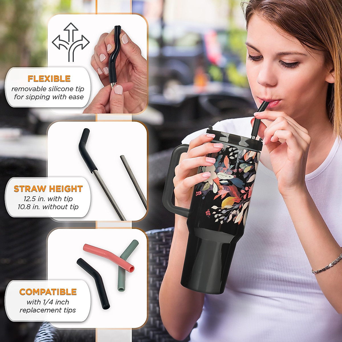 Christian Art Gifts Extra Large Stainless Steel Double Wall Vacuum Insulated Travel Tumbler for Women: Hope & Future Inspirational Scripture, Lid, Straw, Sturdy Handle, Black Multicolor Floral, 40 oz.